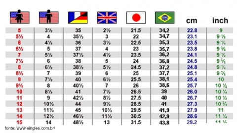 Numeração de tênis americano x brasileiro! Tabela de tamanhos!